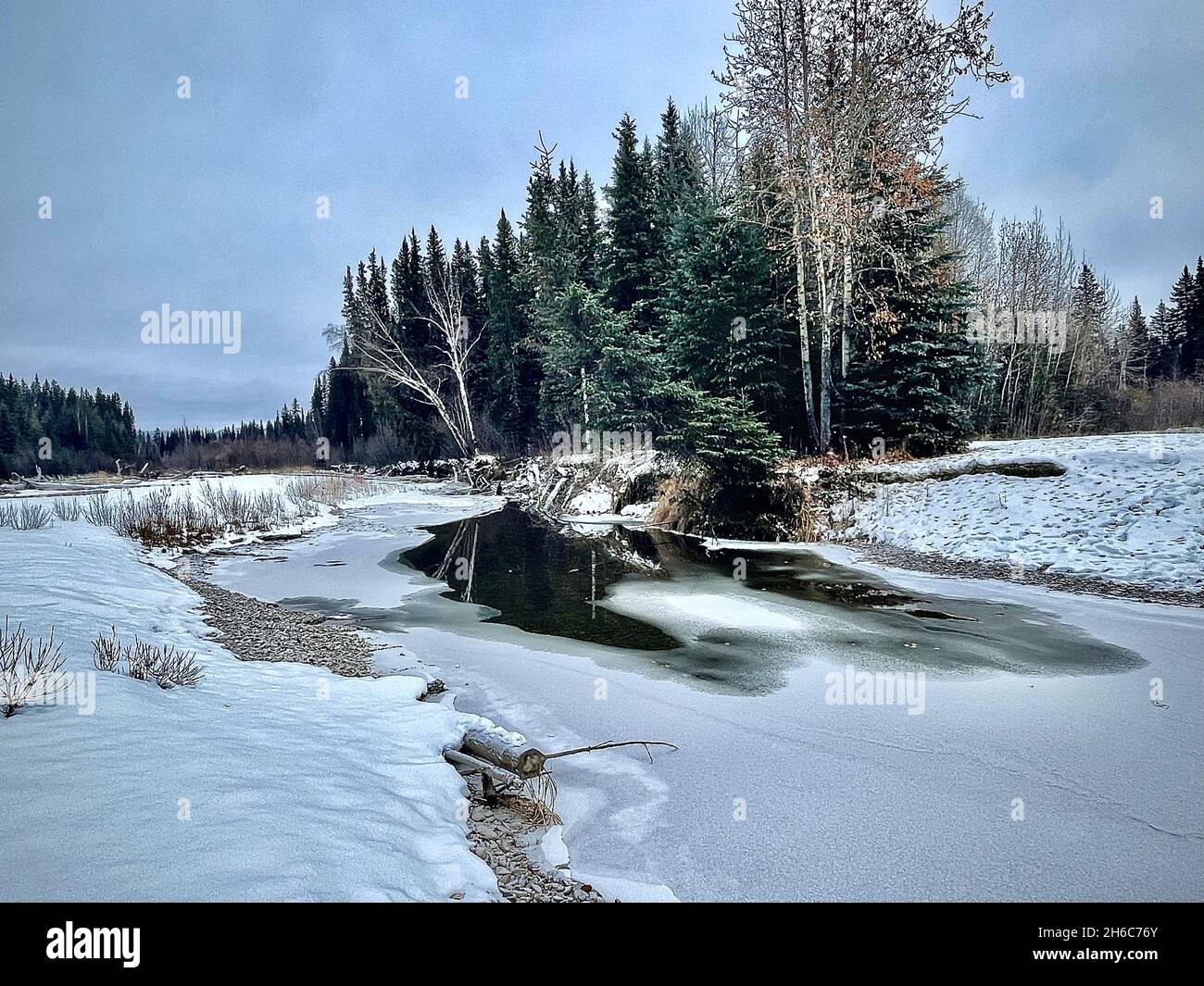 Beautiful view of a winter landscape with the frozen Chena River and ...