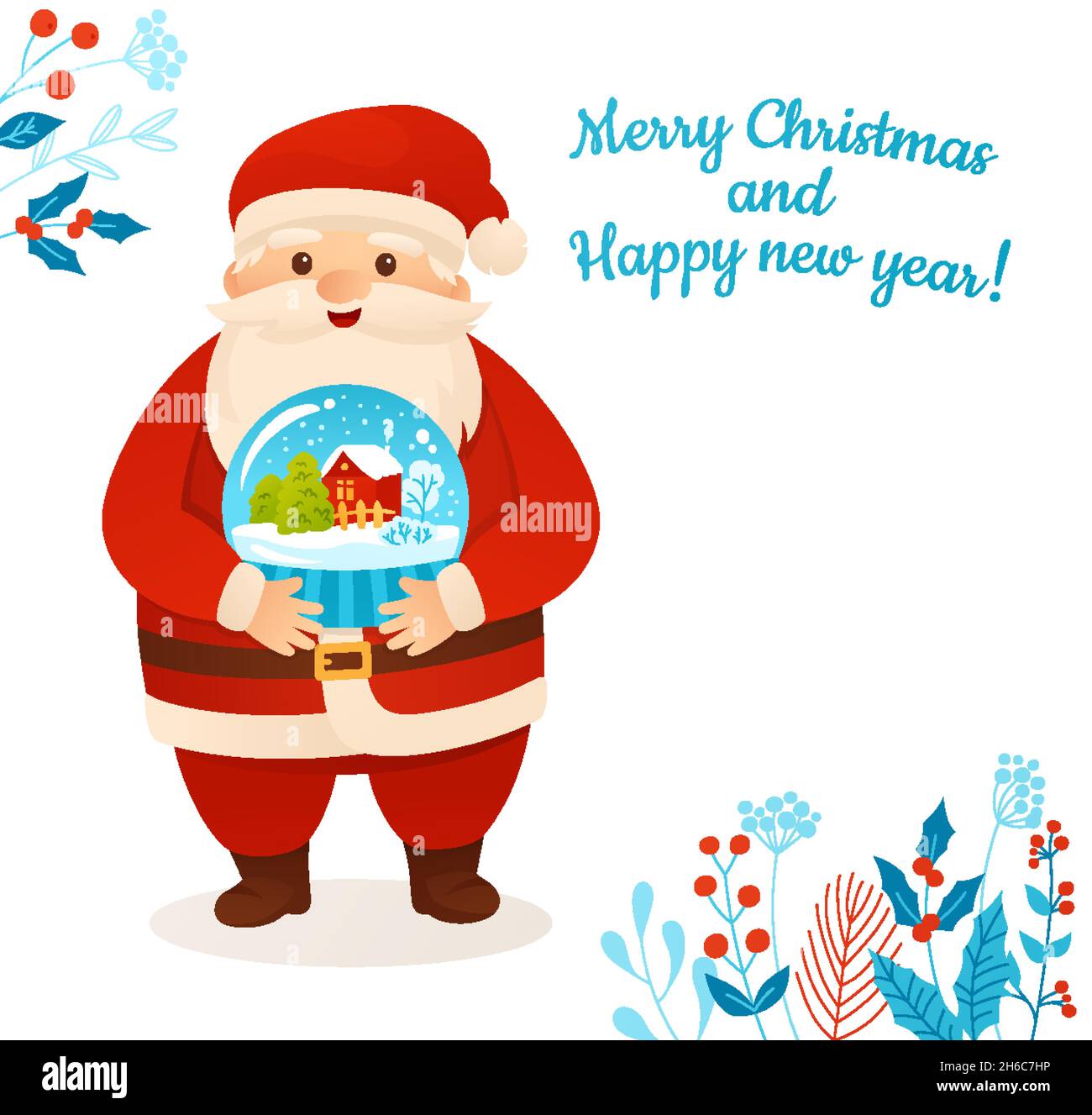 Santa Claus holding snowball, cartoon Christmas greeting card. Funny ...