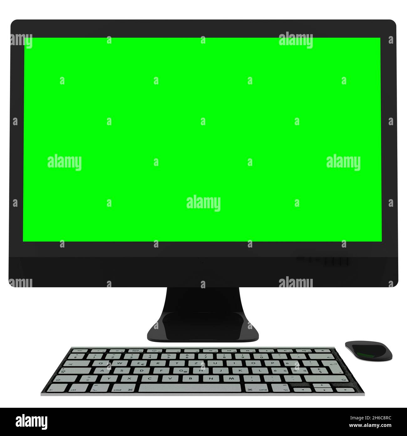 Computer monitor with blank green screen isolated on a white background ...