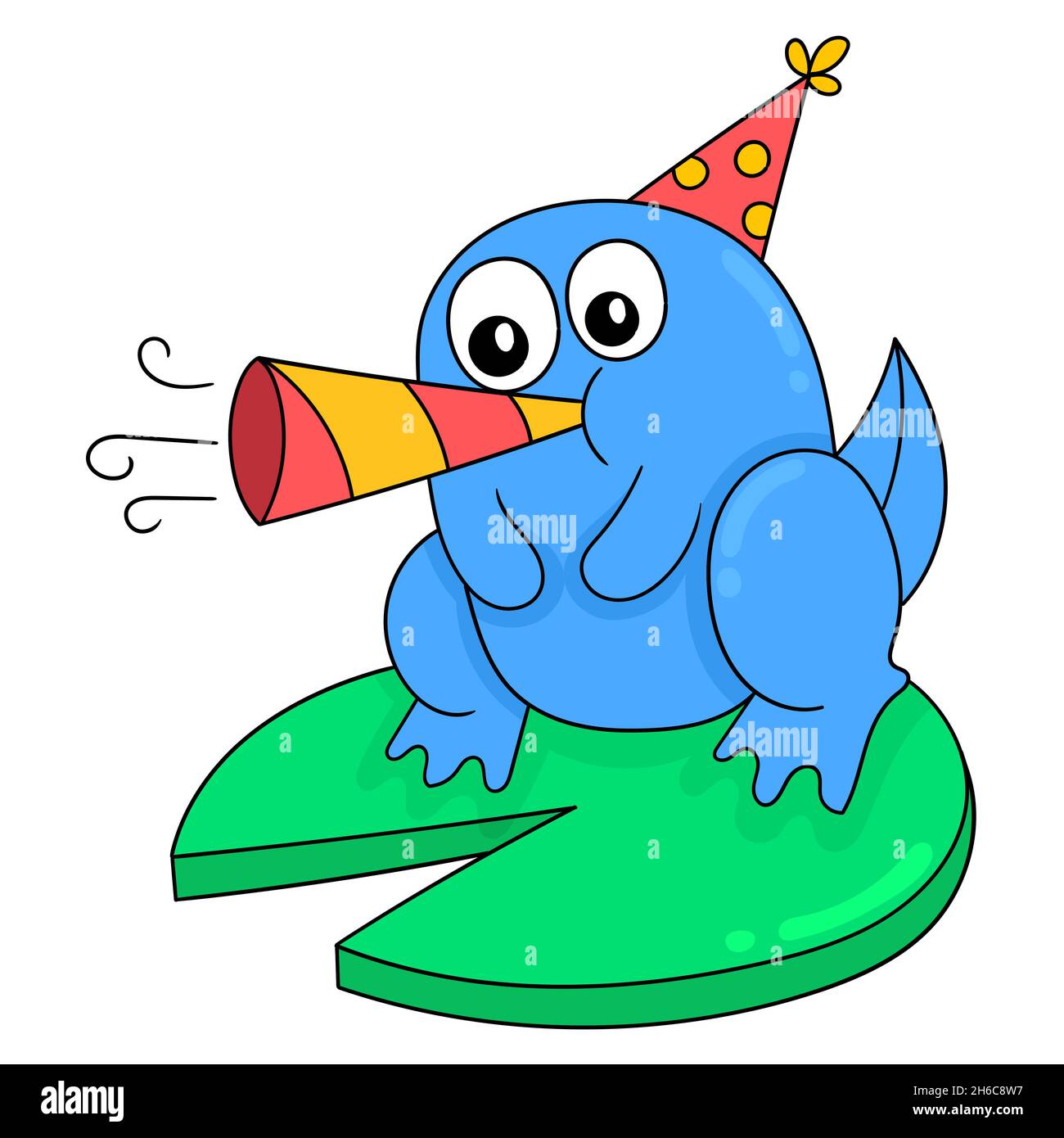 the frog is celebrating the new year blowing the trumpet, vector ...