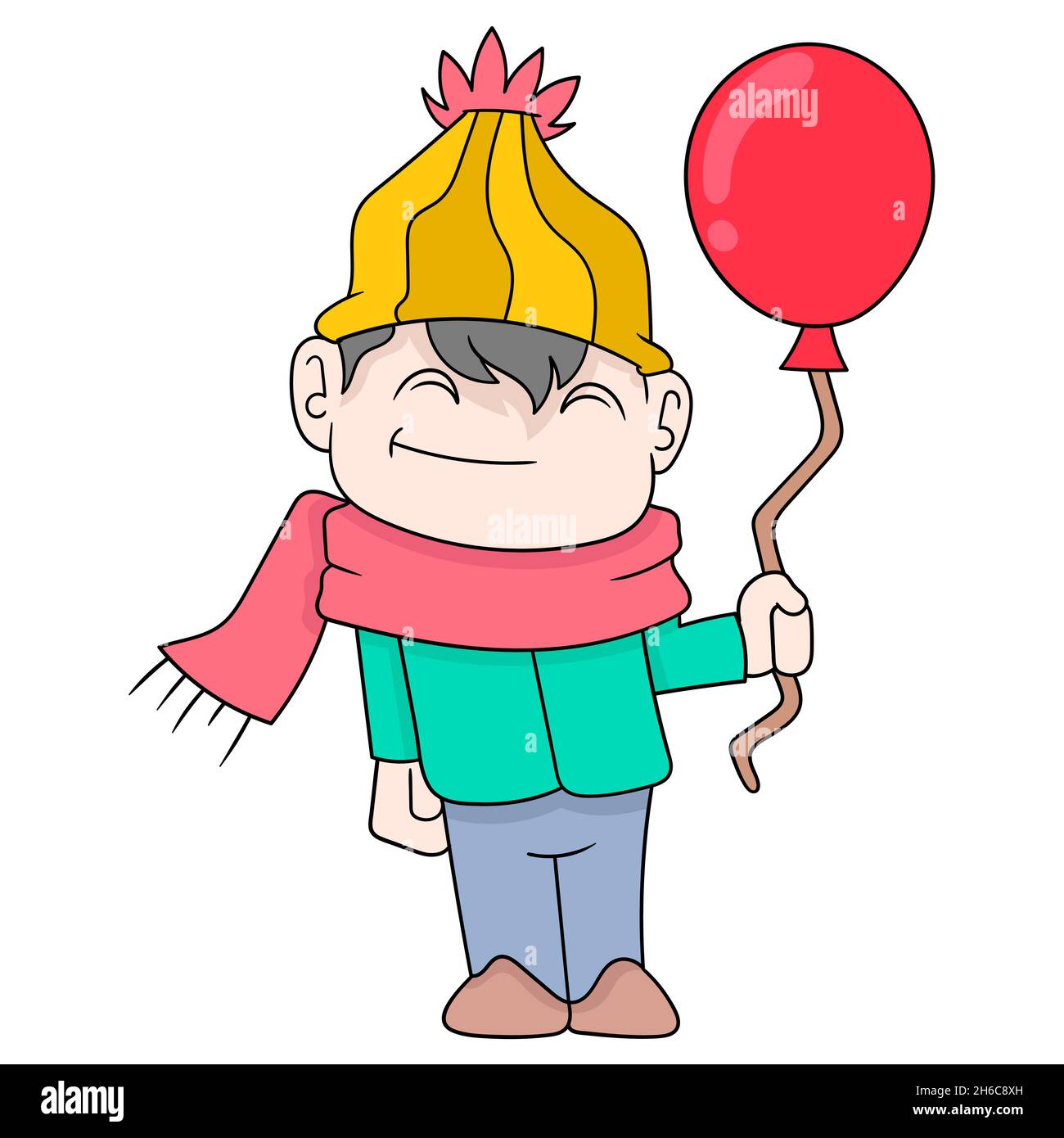boy holding a birthday balloon, vector illustration art. doodle icon ...