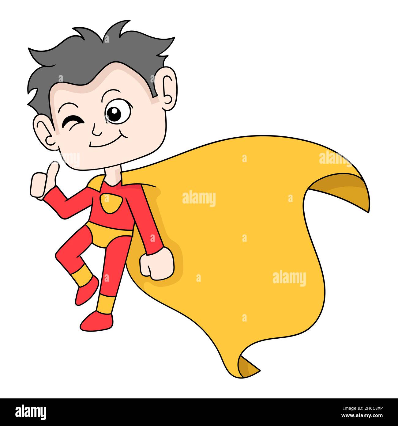 friendly superhero is flying say hello, vector illustration art. doodle ...