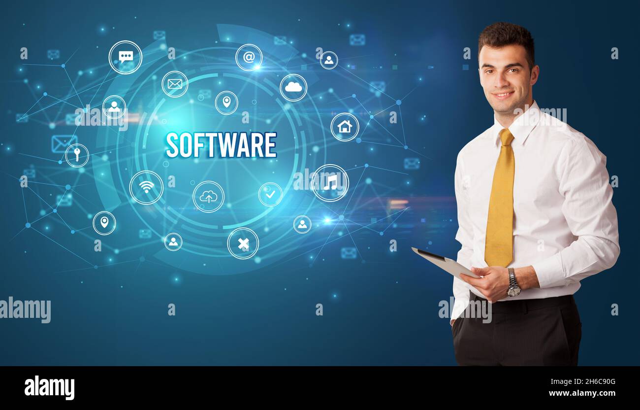 Businessman thinking about modern technology Stock Photo - Alamy