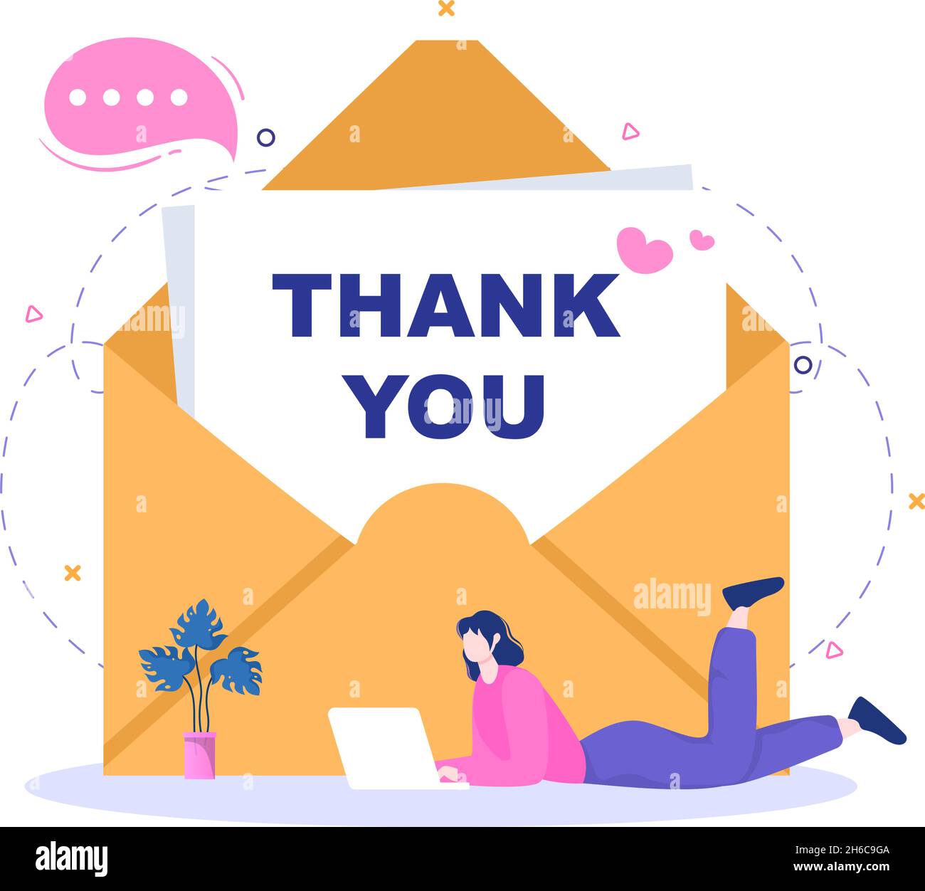 Email Thank You Banner Flat Illustration with Envelope Greeting Card ...