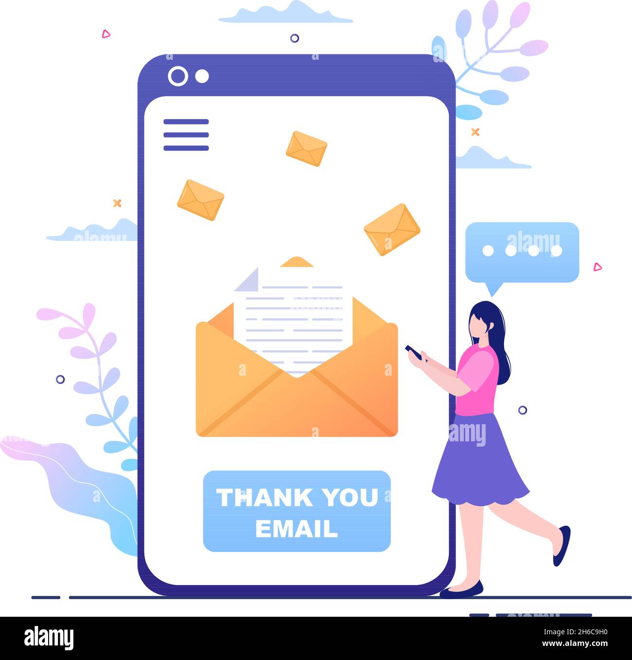 Email Thank You Banner Flat Illustration with Envelope Greeting Card ...