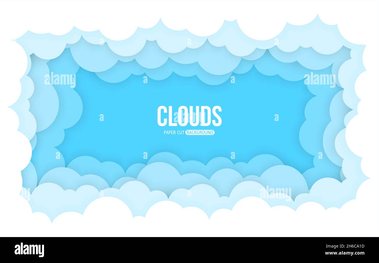 Cloud paper cut blue sky flat style. Cartoon volumetric splash ...