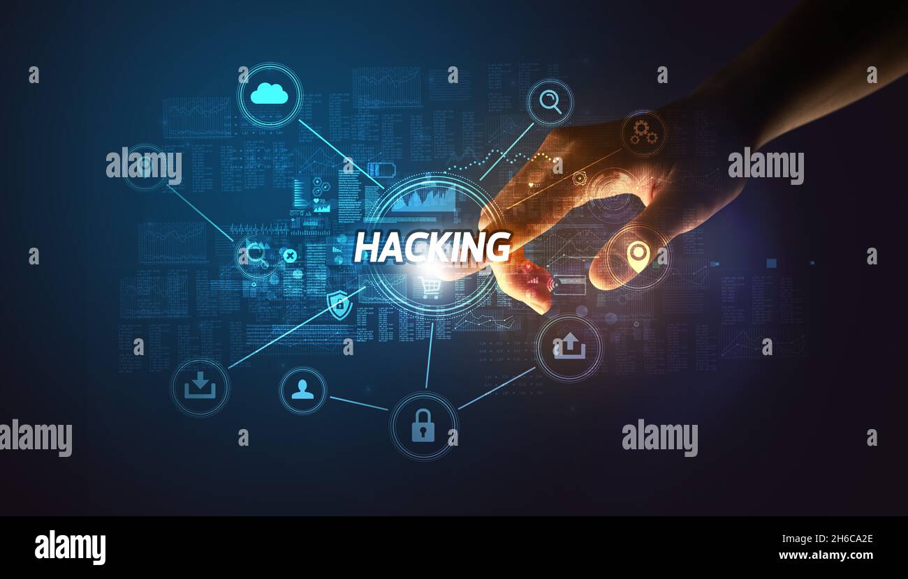 Hand touching cybersecurity button concept Stock Photo - Alamy