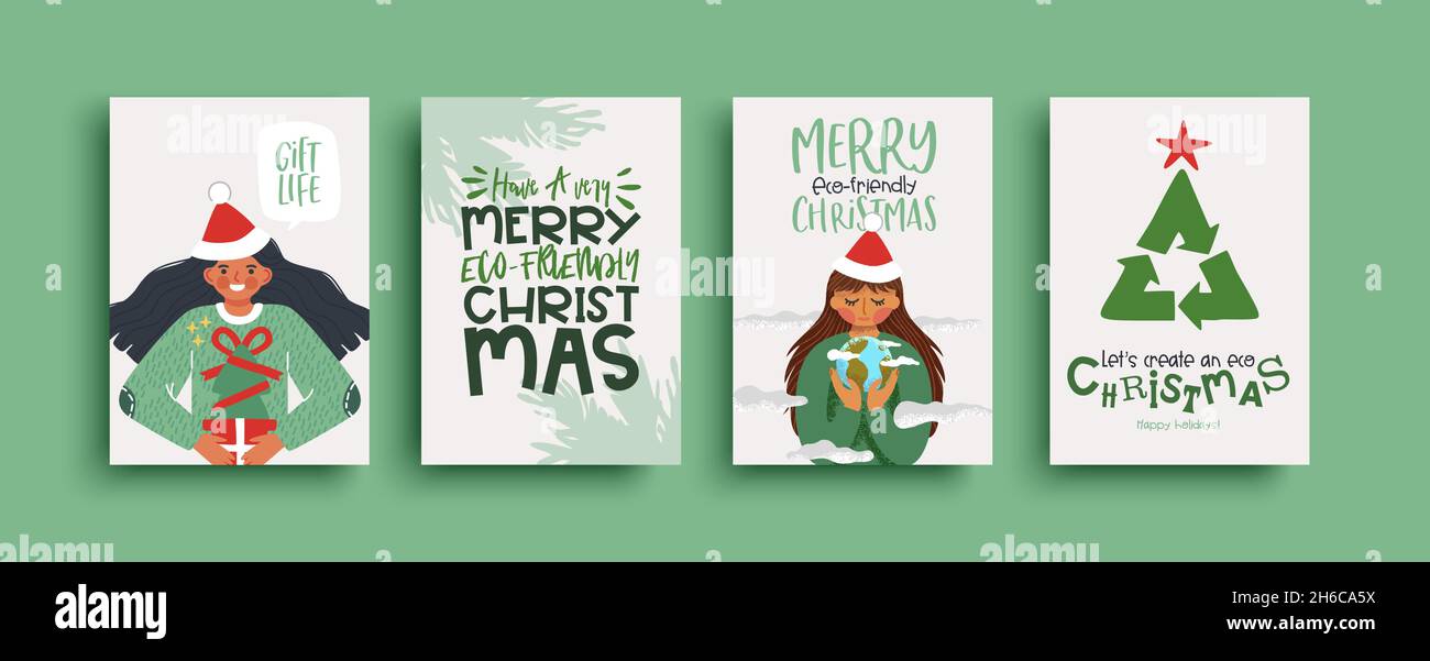 Eco friendly Merry Christmas greeting card illustration set of happy ...
