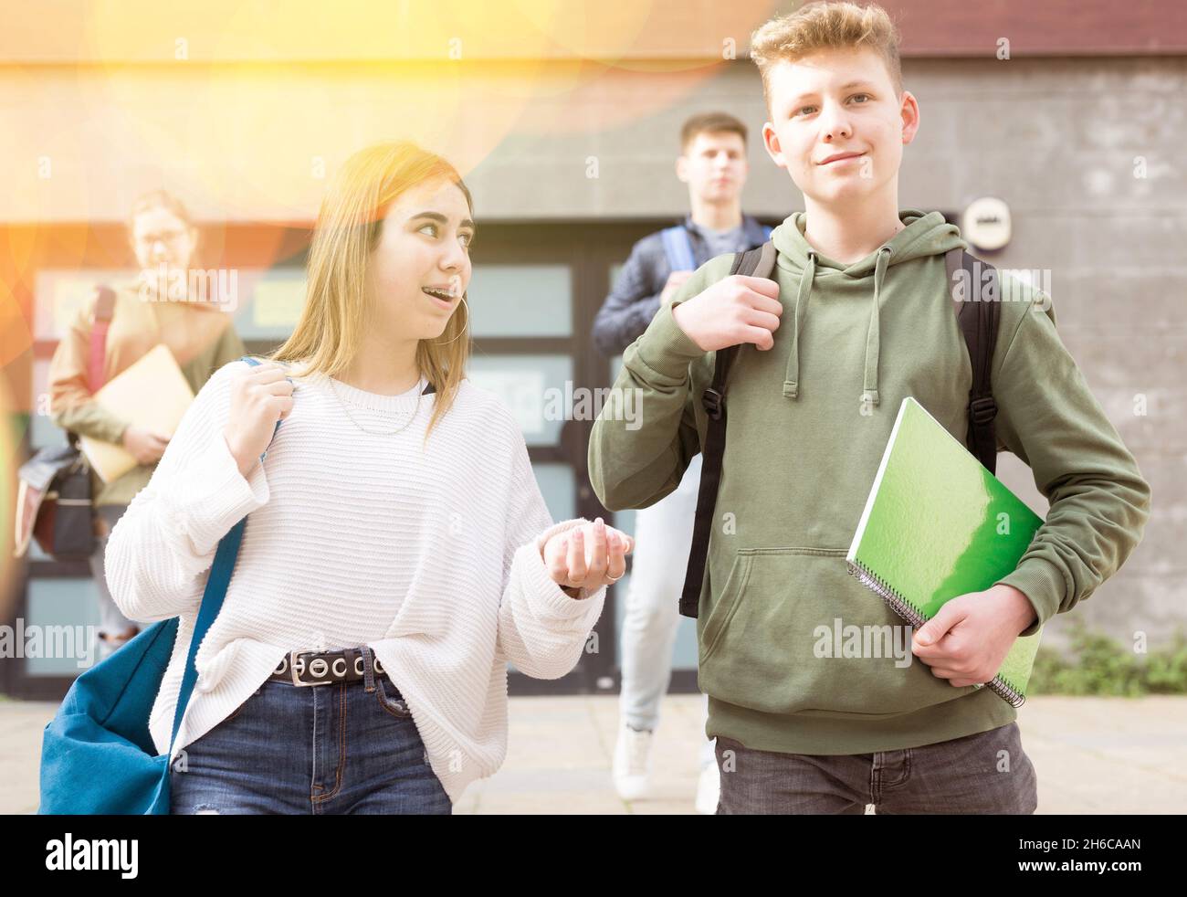 Carefree teen students boy and girl friendly talking Stock Photo - Alamy