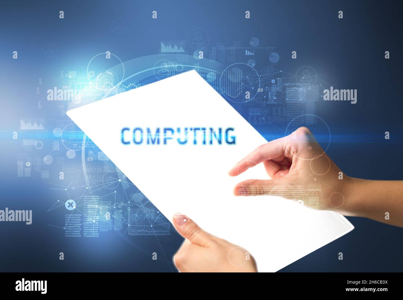Hand holdig futuristic tablet , technology concept Stock Photo - Alamy