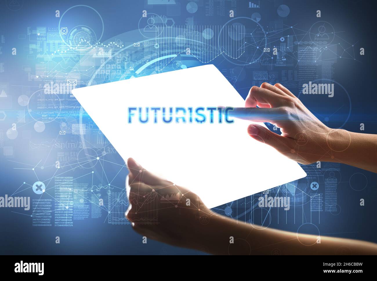 Hand holdig futuristic tablet , technology concept Stock Photo - Alamy