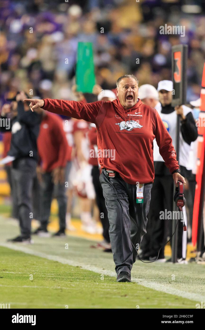 Arkansas head coach Sam Pittman reacts to a call against LSU, Saturday ...
