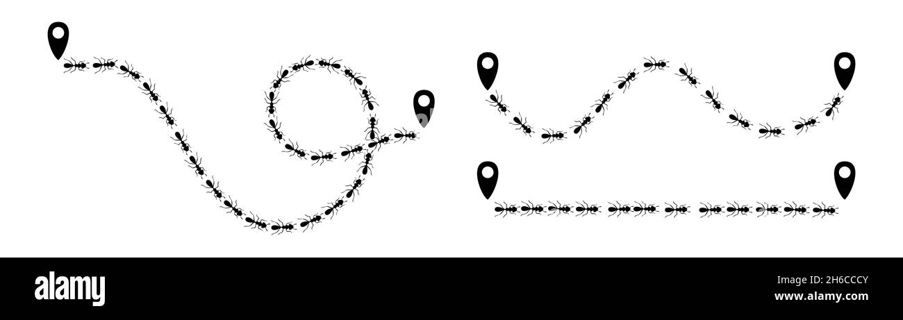 Ants trail with location icons. Route or path isolated in white background. Vector illustration ...
