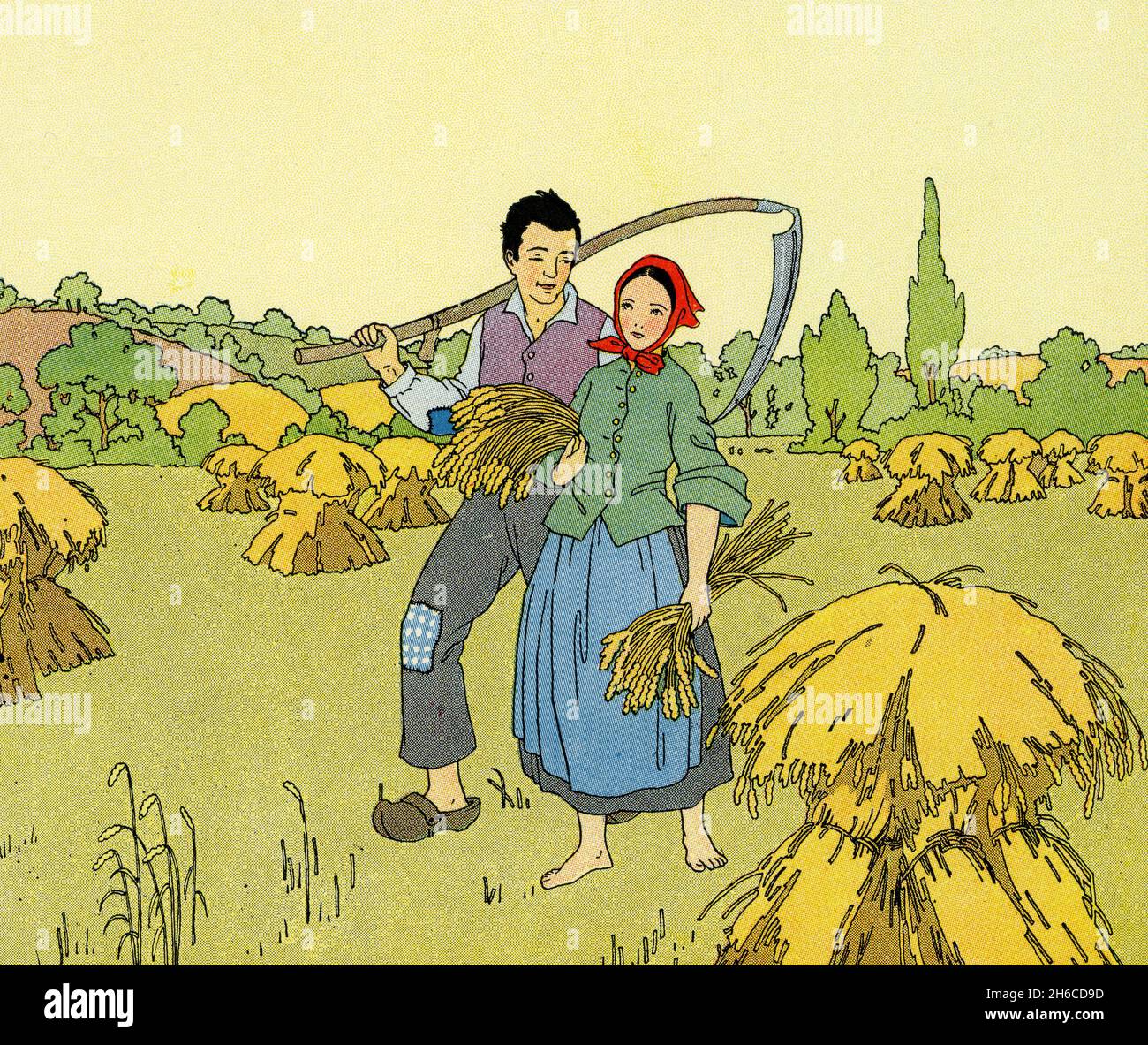 Quaint illustration of tradiitonal life in France, with a man courting ...
