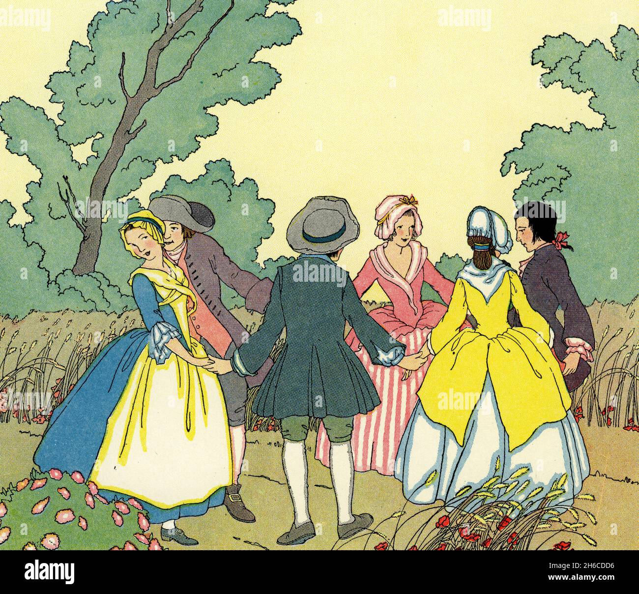 Quaint illustration of tradiitonal life in France, with couples dancing ...