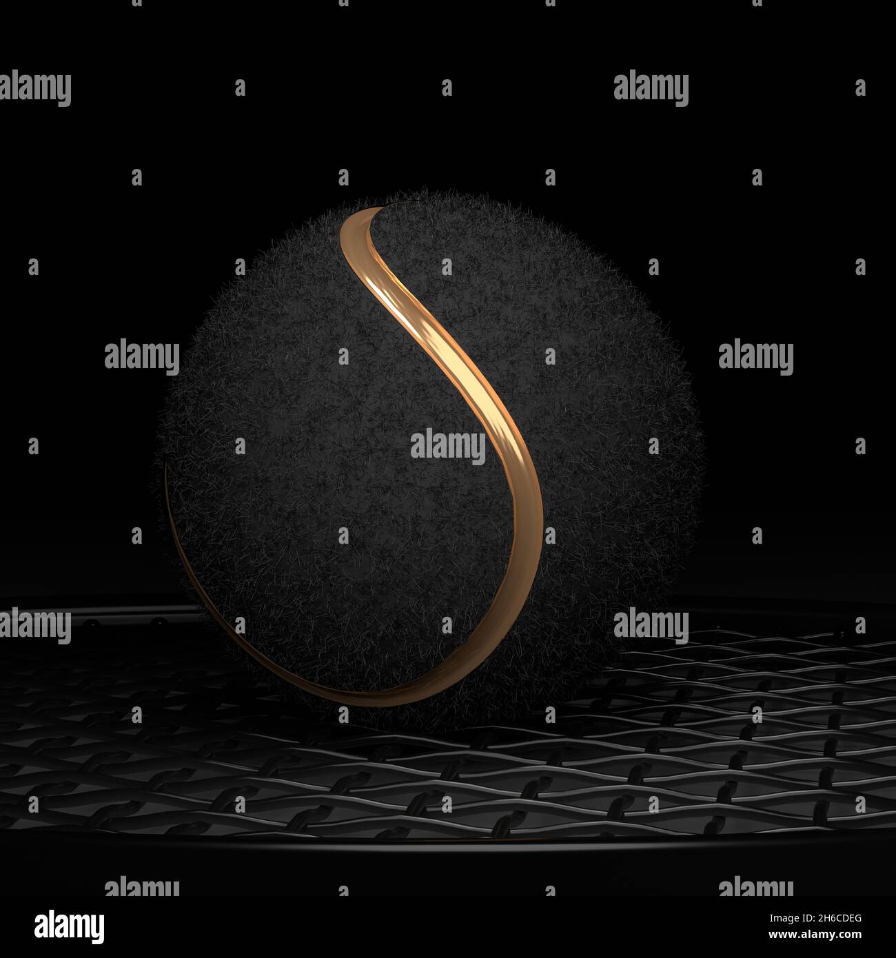 An elegant black tennis ball with a golden line on the grid of a black ...