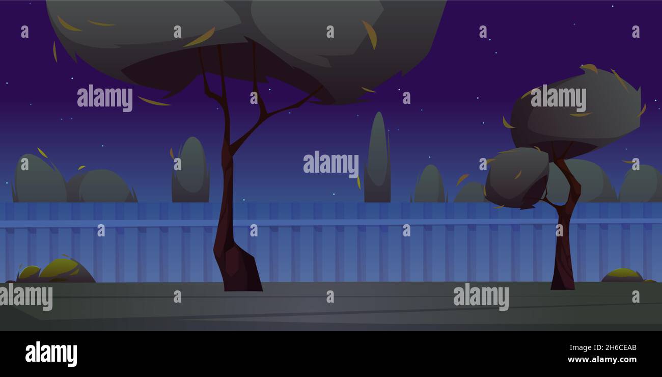 Backyard with fence, grass and trees at night. Vector cartoon ...