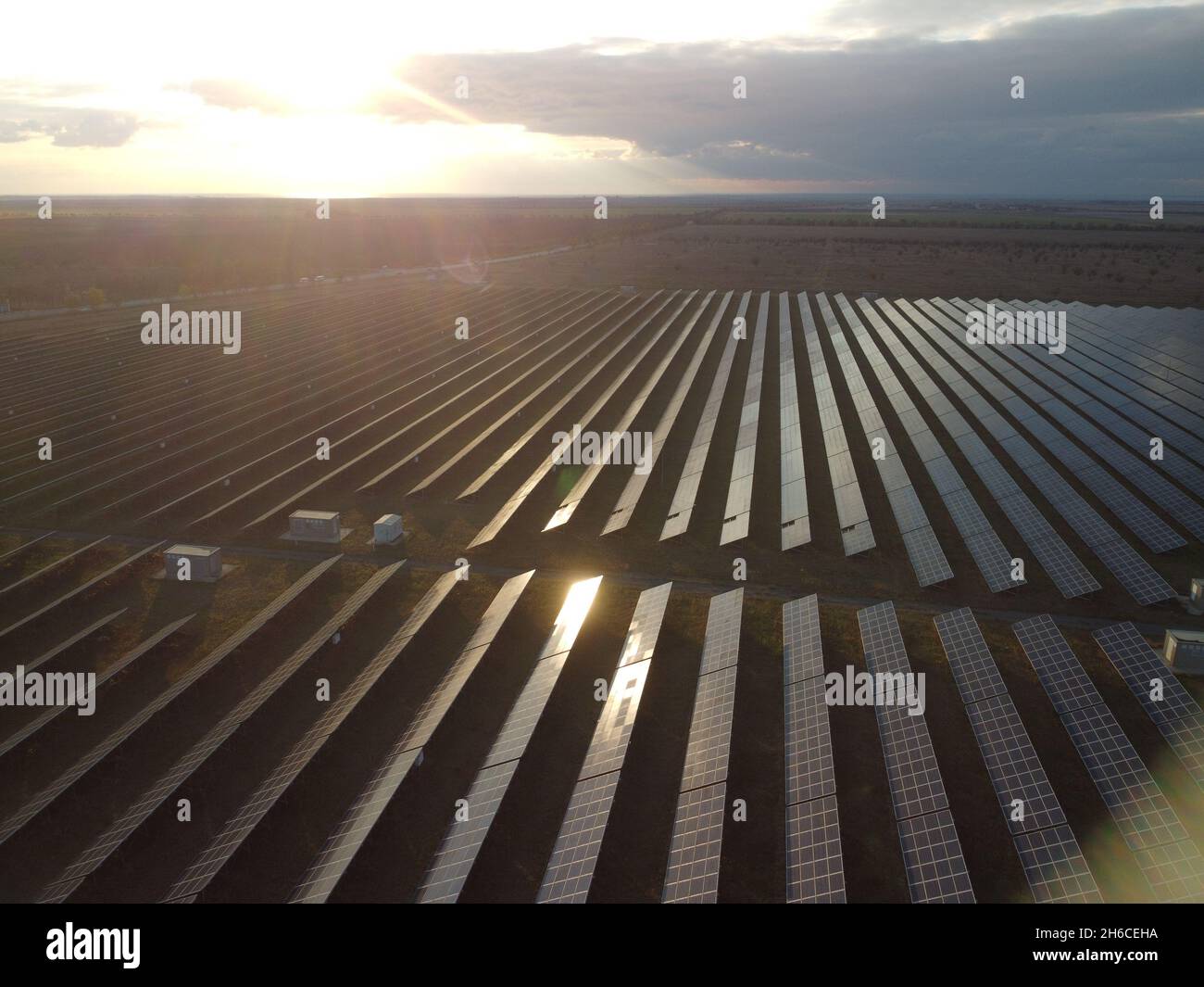 Aerial top view of a solar panels power plant. Photovoltaic solar ...