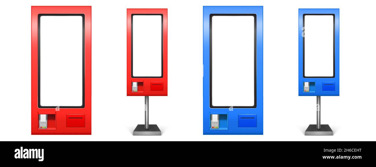 Self order kiosk realistic 3d vector mockup. Vending machines with sensor panel and pos terminal ...