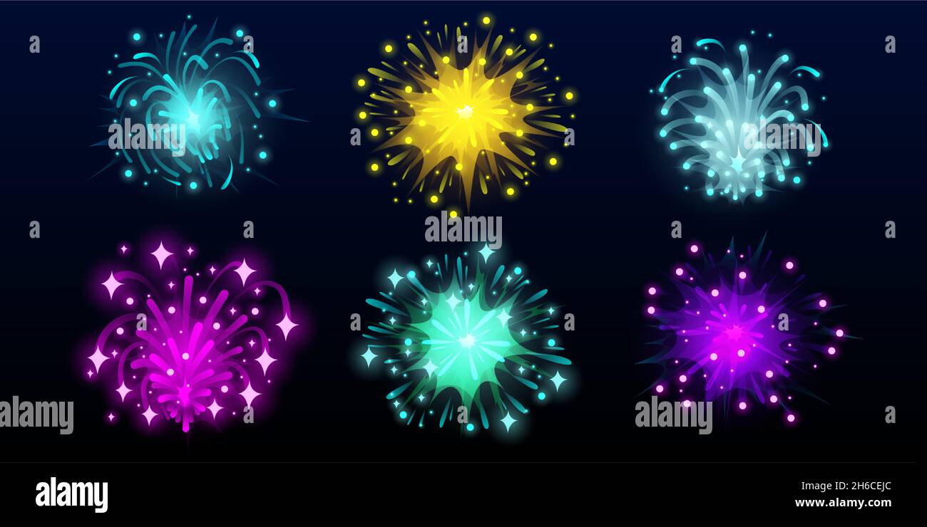 Carnival fireworks in night sky. Bright explosions of festive rockets ...