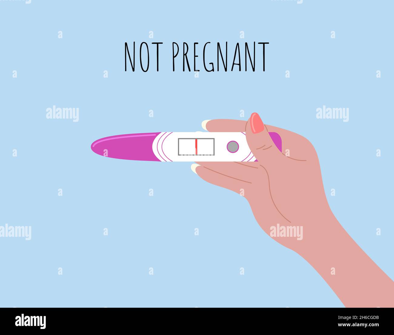 Negative pregnancy test with one stripe. Text not pregnant. Female hand ...