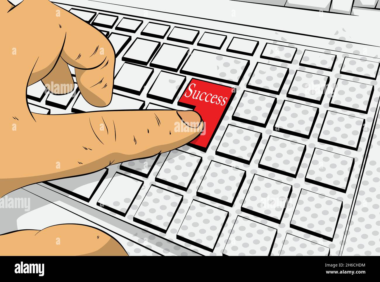 Success word on computer keyboard. Man push keypad on laptop. Comic book style illustration ...