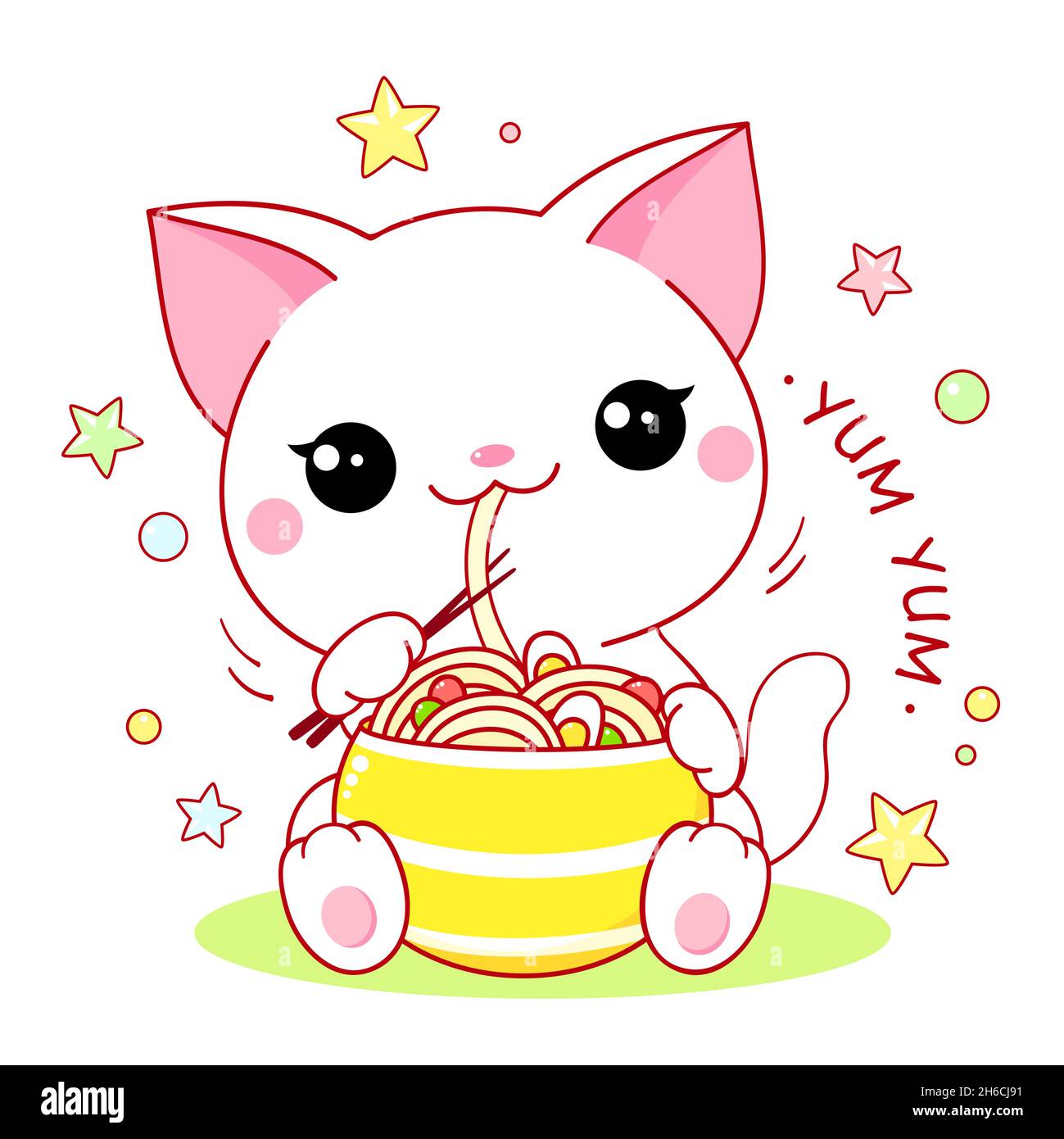 Cute white cat eat ramen noodles. Inscription Yum Yum. Kawaii little ...