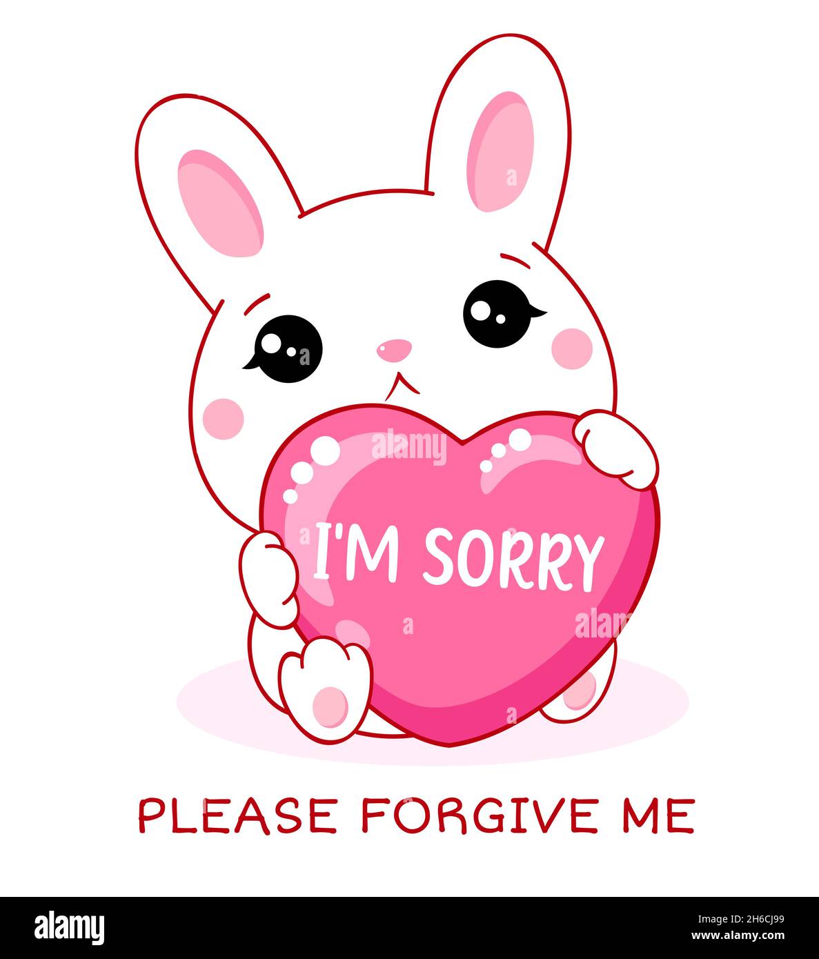 Apologize card. Sad little bunny with pink heart. Inscription I'm sorry ...