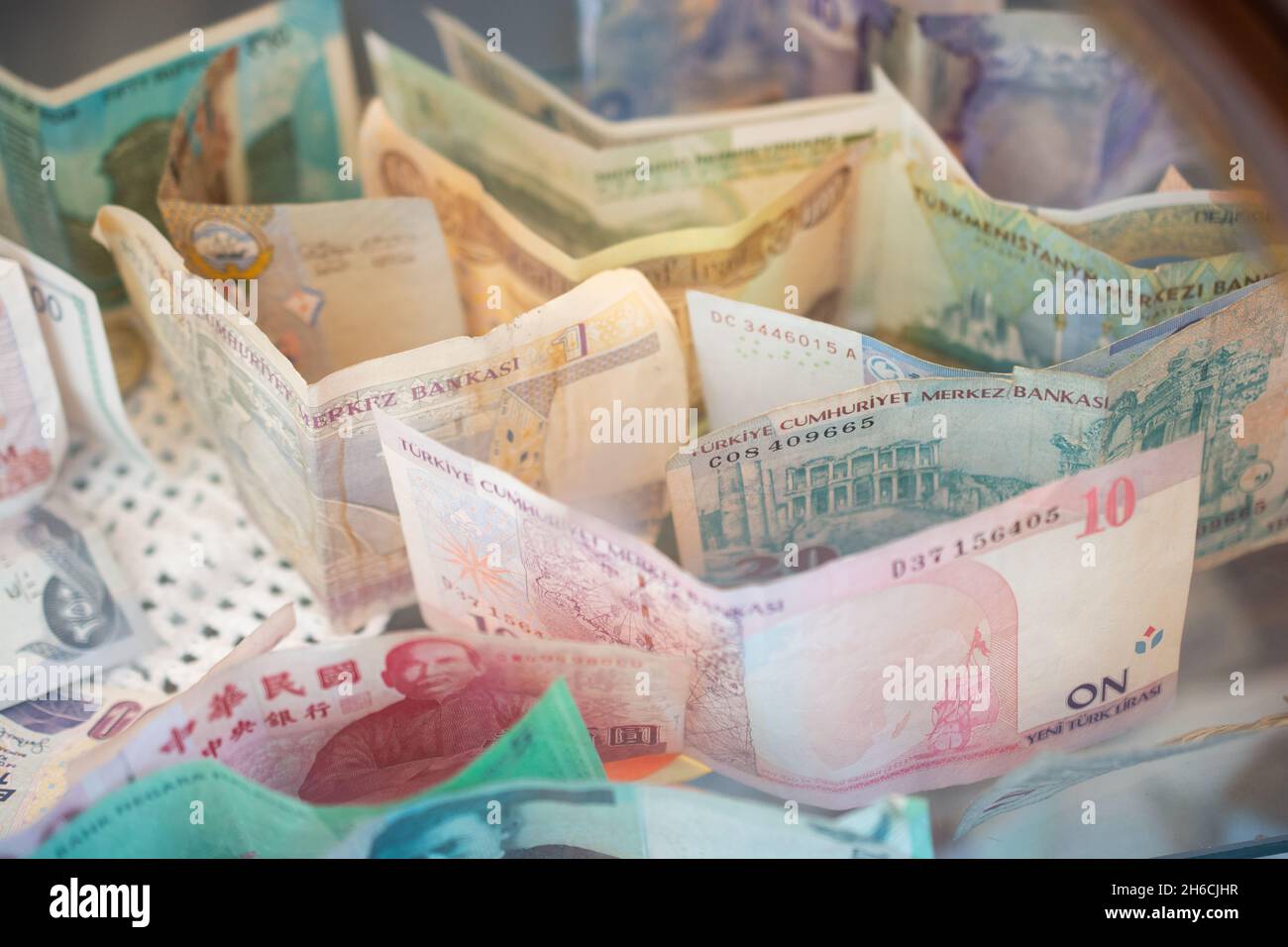 Various colorful banknotes, mostly froma arab peninsula. Saudi riyal ...