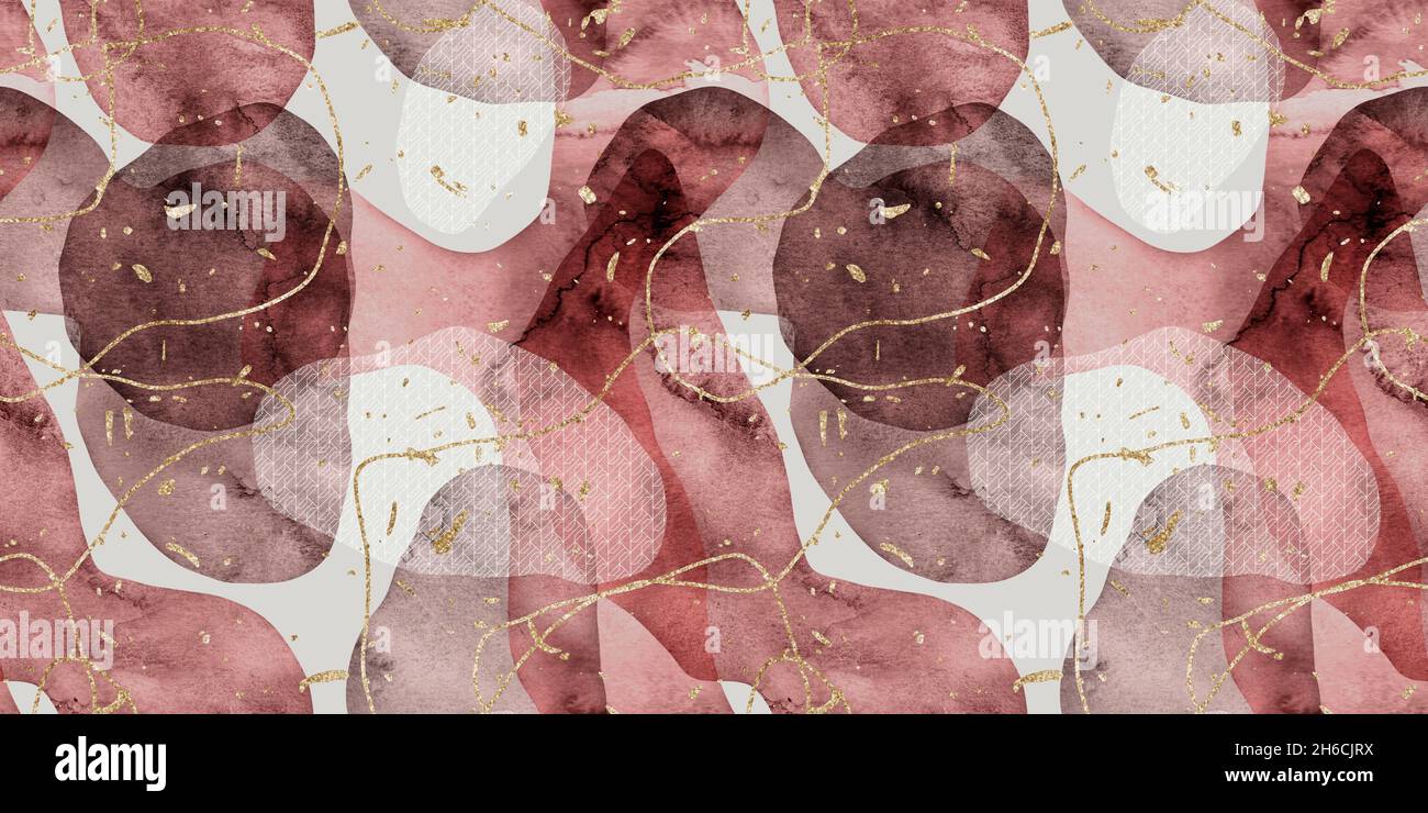 Seamless watercolor abstract organic blob shape overlay with gold lines ...