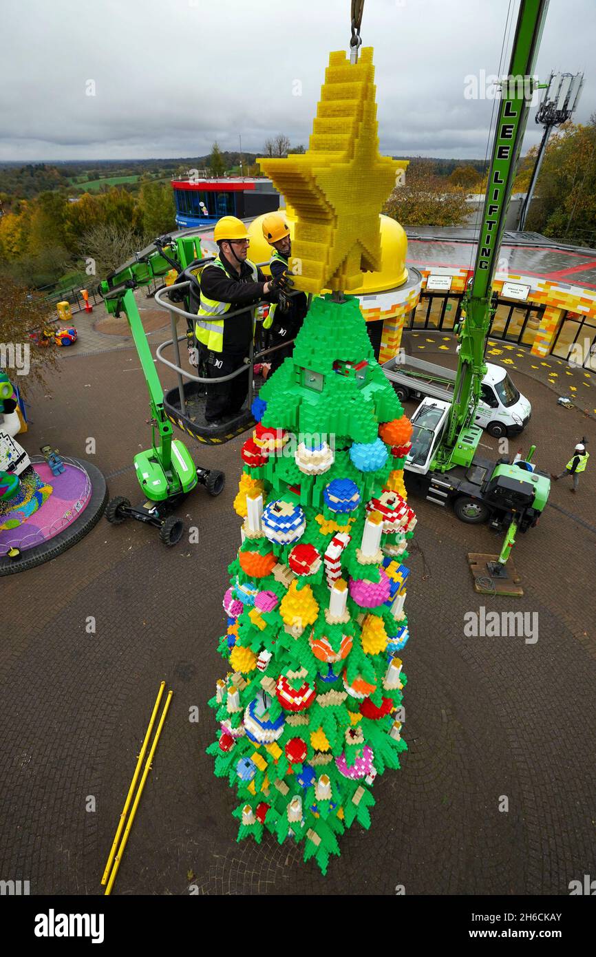 Model makers put the finishing touches to a 33-foot tall LEGO Christmas ...