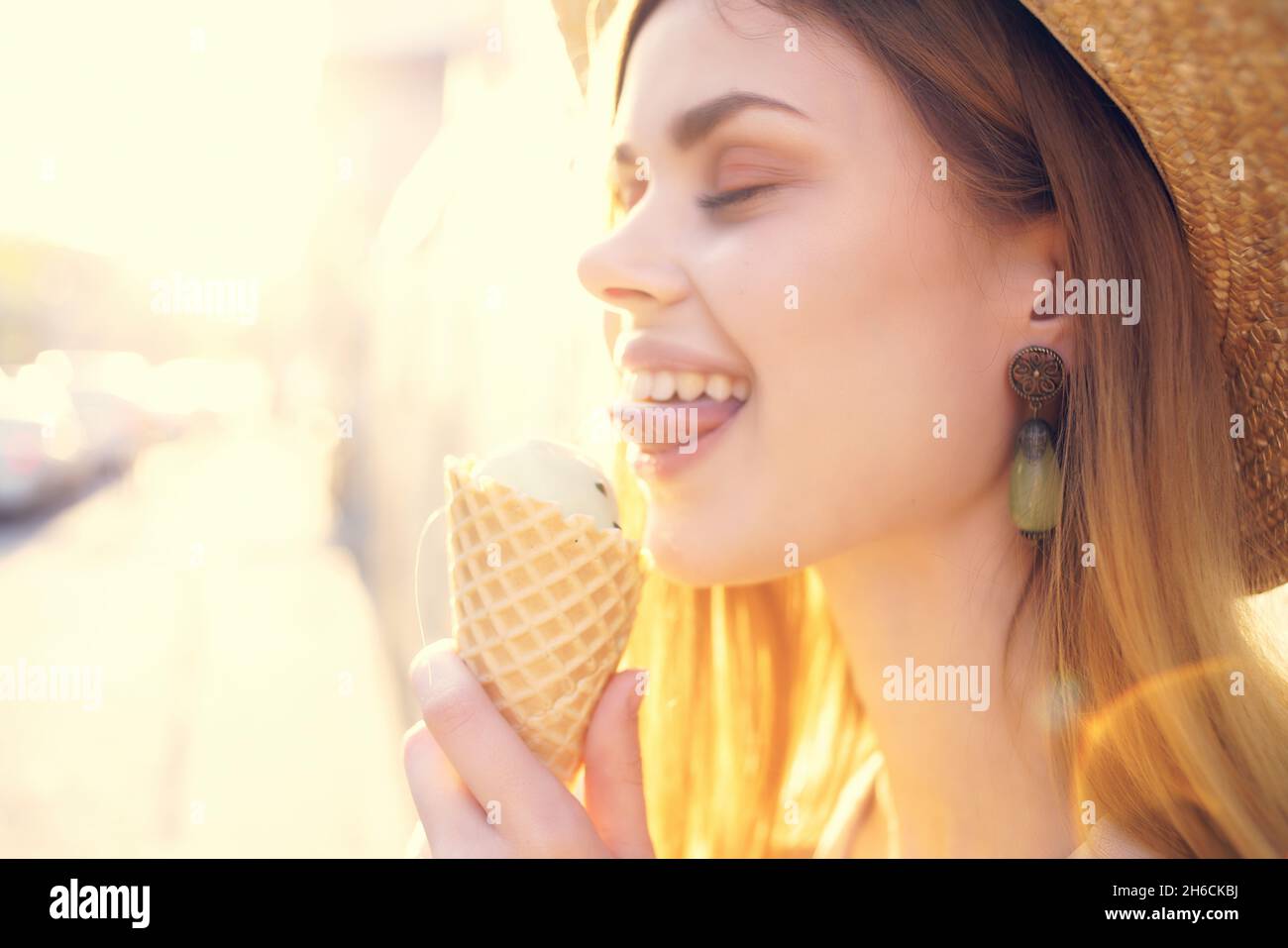pretty woman outdoor walk eat ice cream walk travel city trip Stock ...