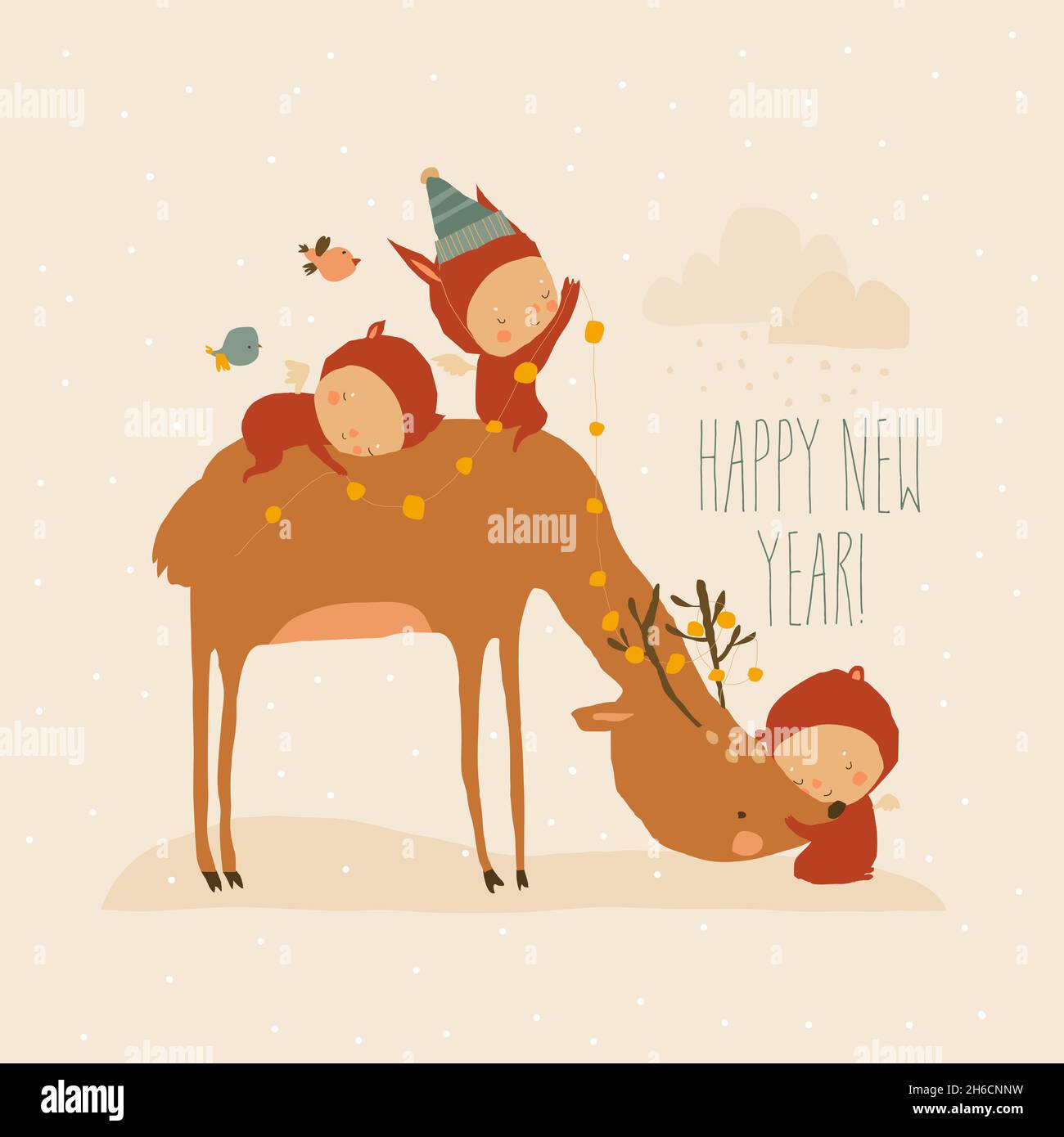 Cartoon Little Angels celebrating Holiday with Cute Deer Stock Vector ...