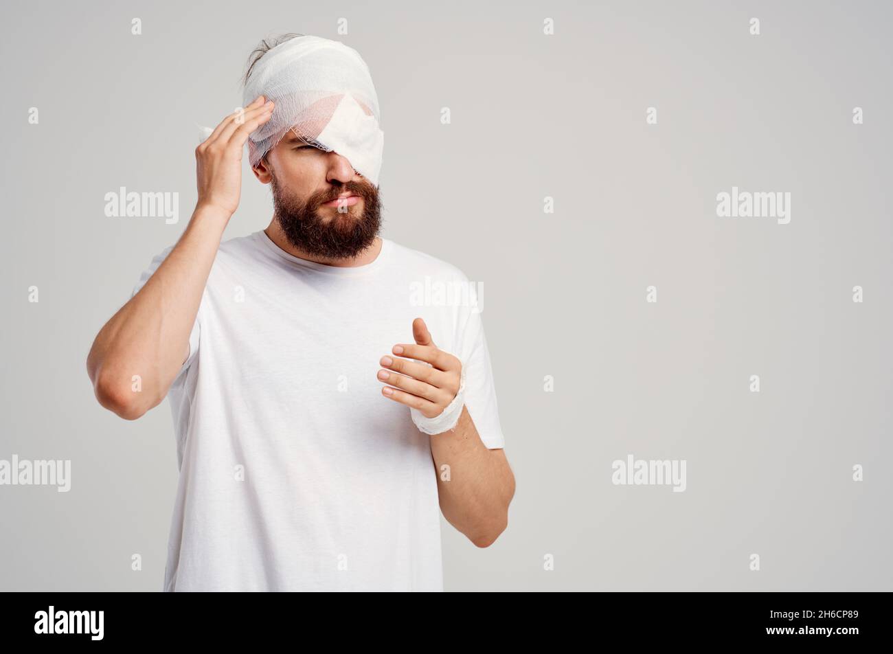 sick man head injury in white t-shirt headache hospital medicine Stock ...