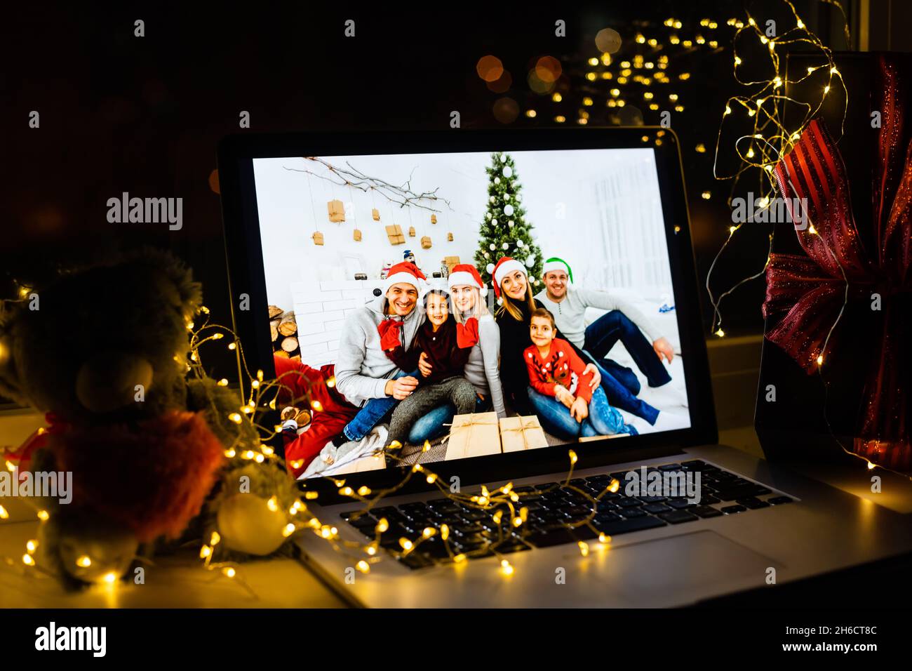 Head shot portrait attractive family make video conference call at ...