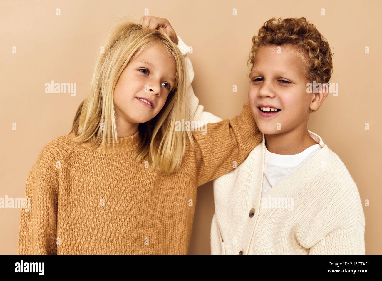 cute stylish kids hug games smile friendship isolated background Stock ...