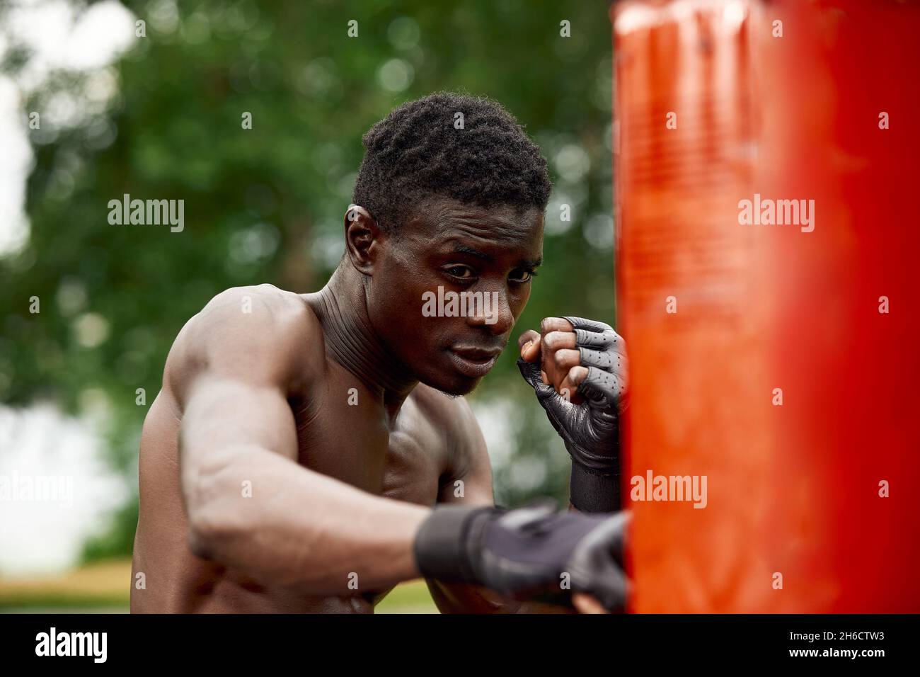 Front view of muscular black boxer punching towards camera with a deep ...