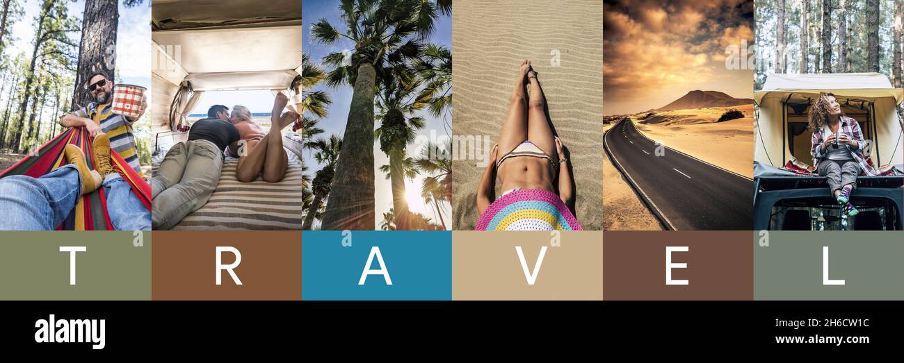Header traveler stories collage with people enjoying travel summer ...