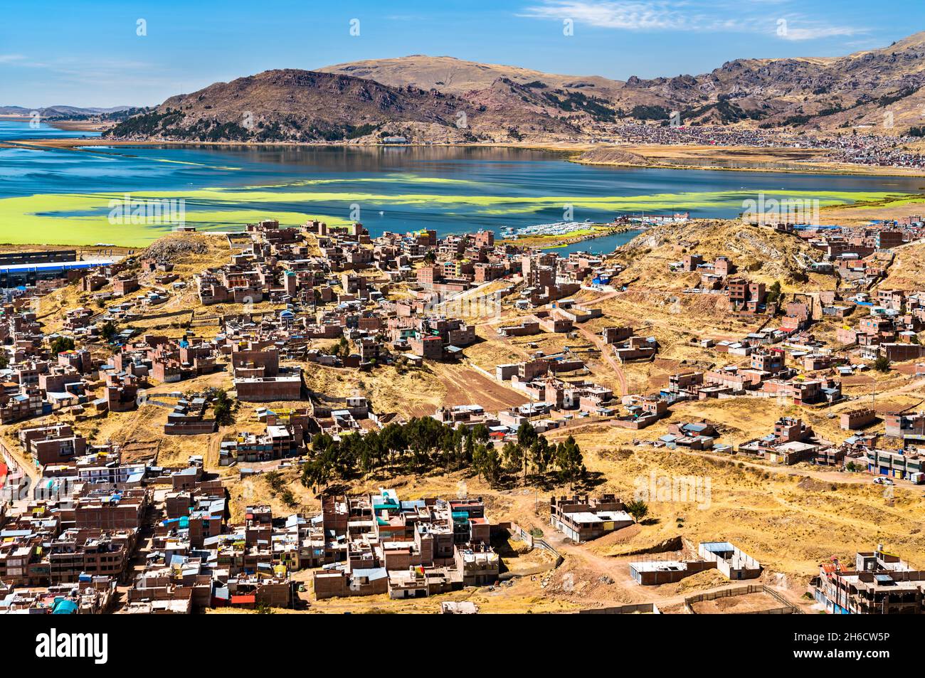 View of Puno with Lake Titicaca in Peru Stock Photo - Alamy