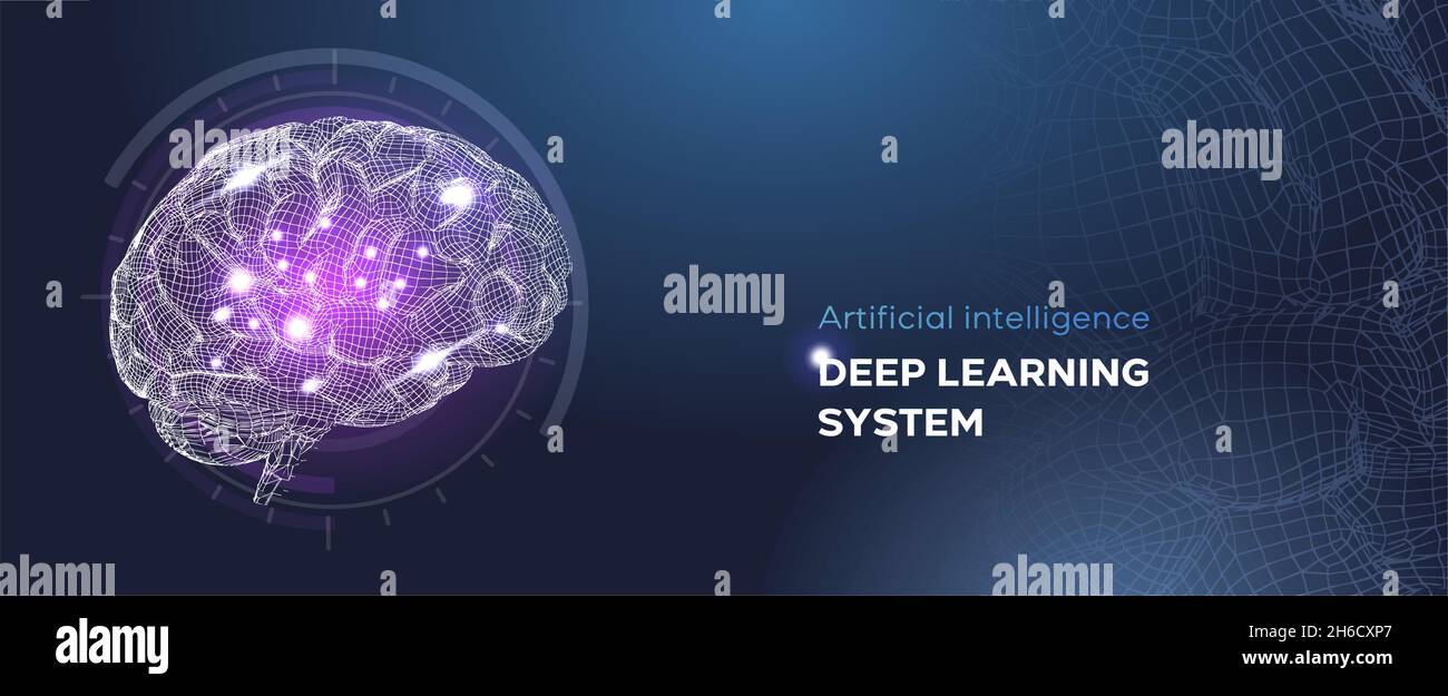 AI Human brain concept illustration with purple teal colors and glow ...
