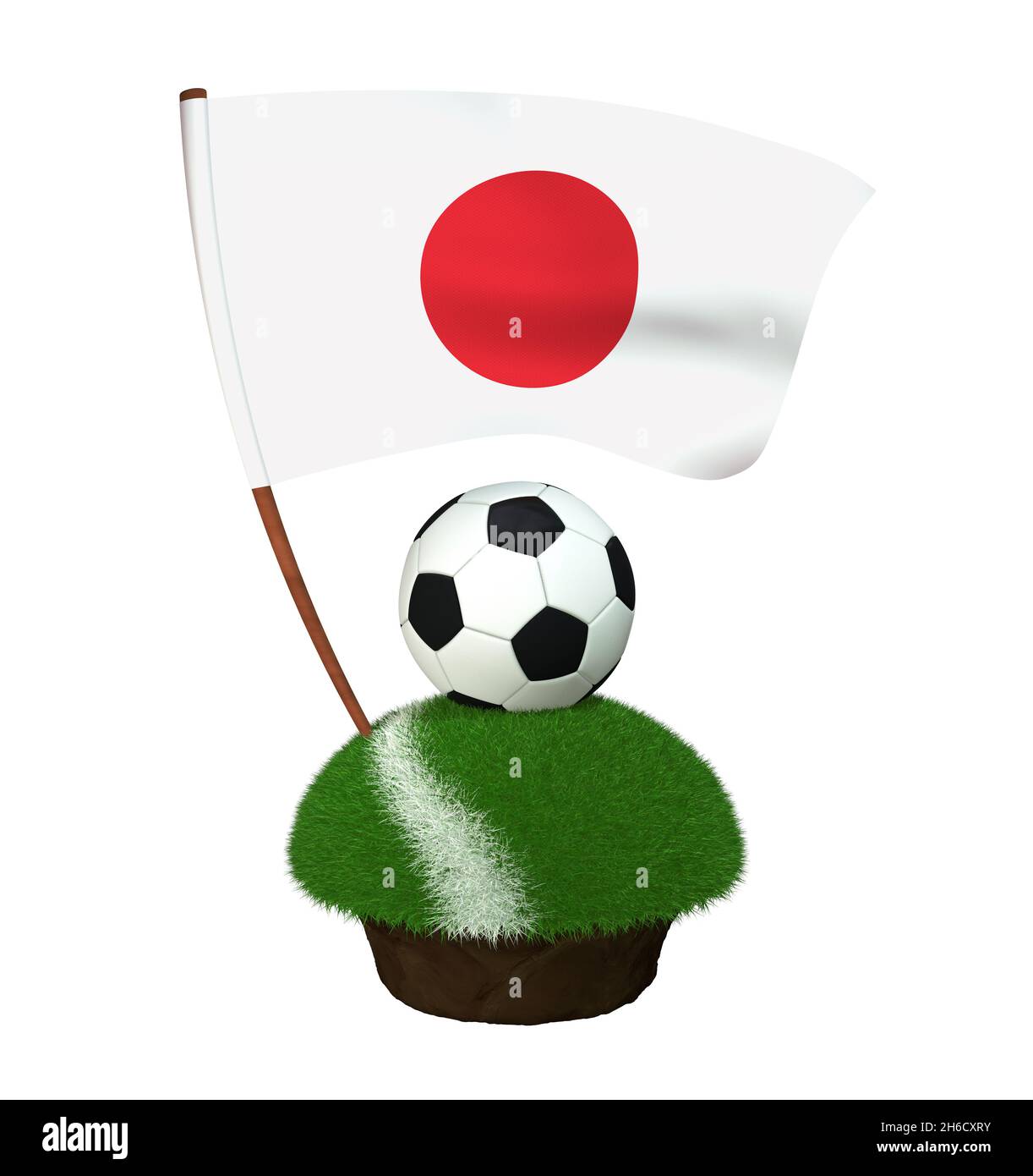 A black and white round ball for playing football and the national flag ...