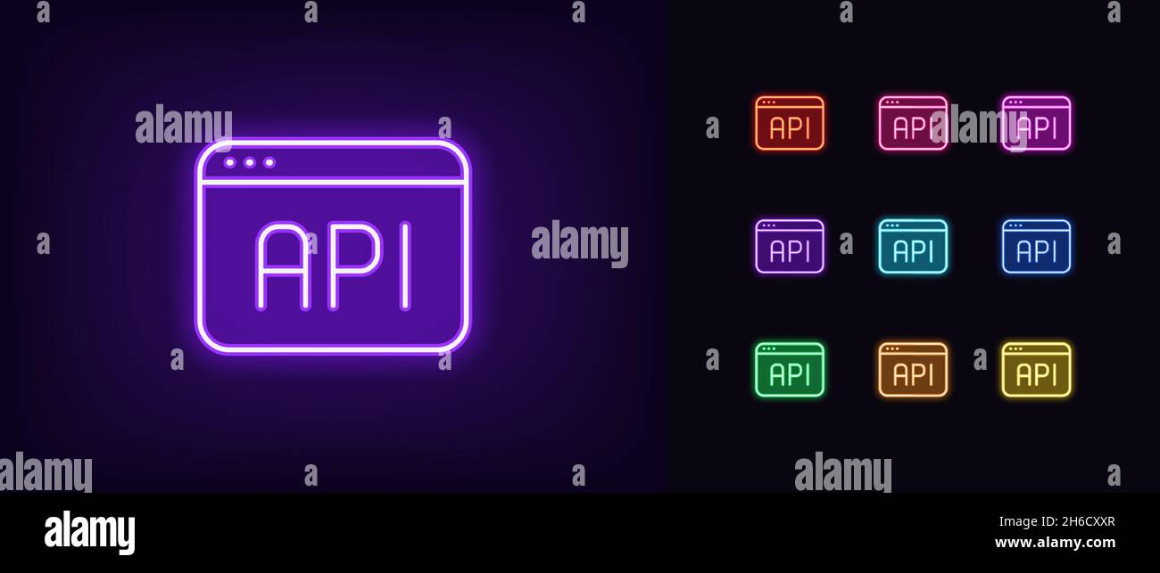 Outline neon API icon. Glowing neon app window with API sign ...