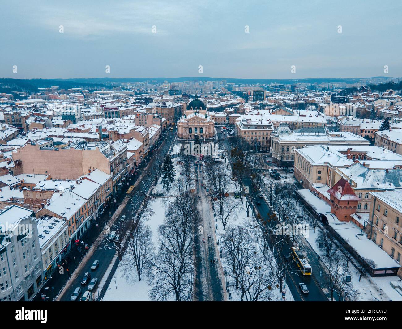 aerial view of snowed lviv center copy space opera building Stock Photo ...