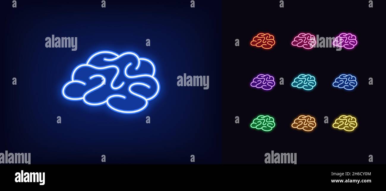 Outline neon brain icon. Glowing neon brain sign, intelligence ...