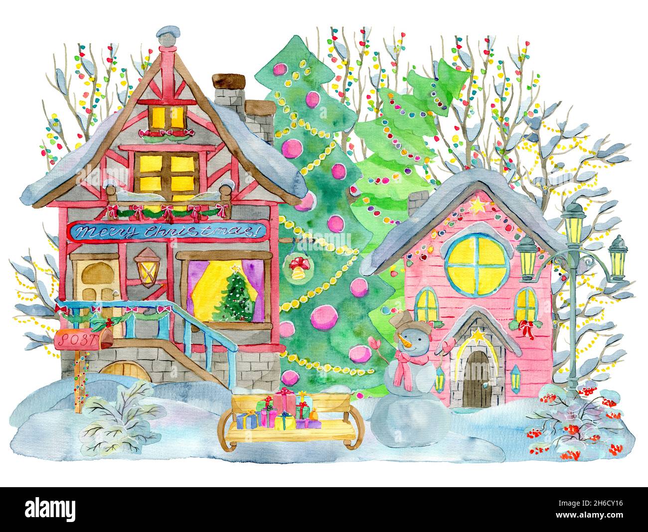 Watercolor illustration with beautiful vintage Christmas village, bench ...