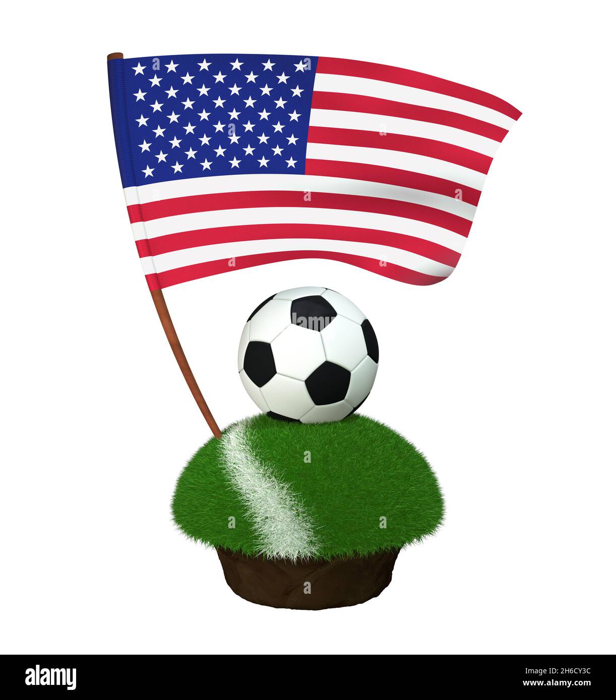 A black and white round ball for playing football and the national flag ...