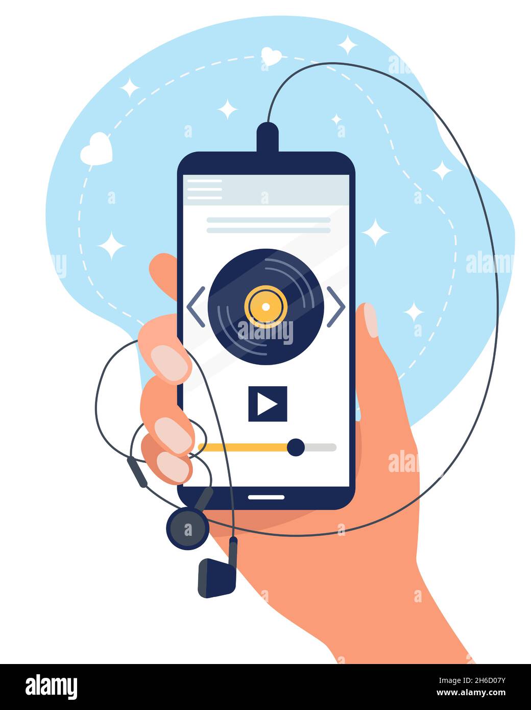 Smartphone in hand with a music player and headphones. Music app ...