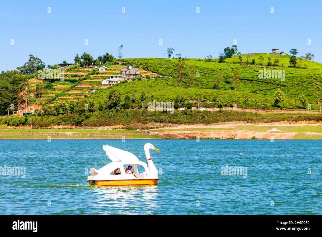 Swan tourist boat at the Gregory Lake in Nuwara Eliya. Lake Gregory is ...
