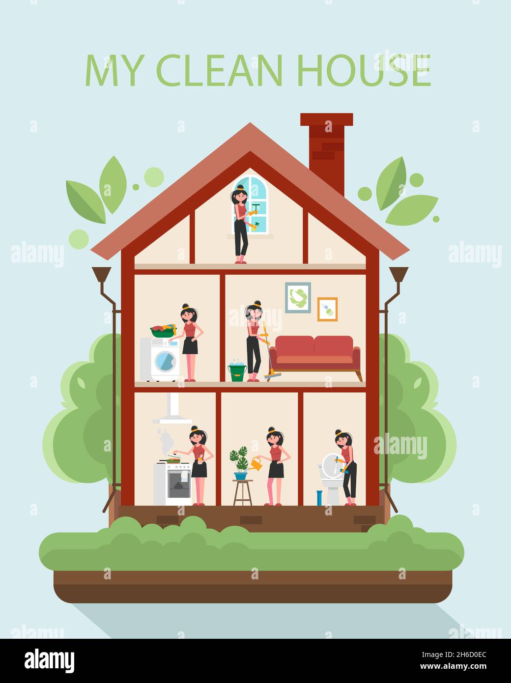The concept of a clean, comfortable home. A woman housewife washes the ...
