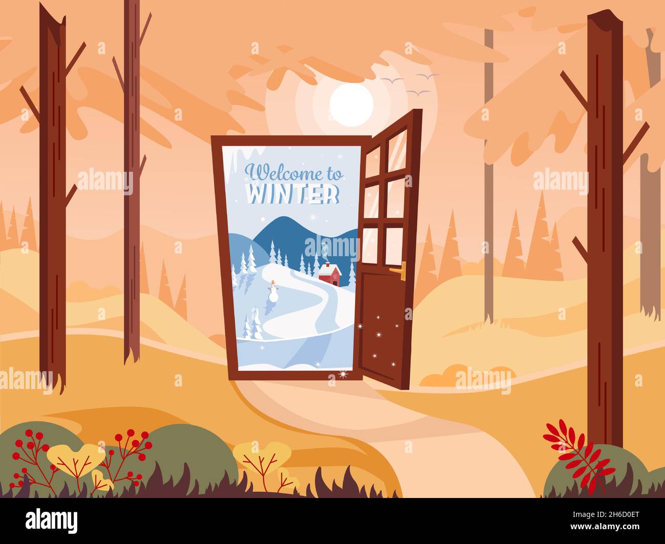 Welcome to winter. Autumn landscape with an open door in the winter ...